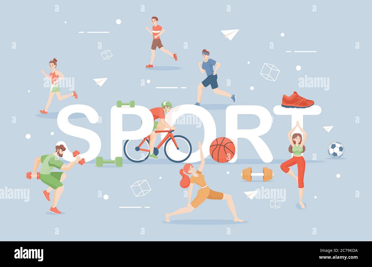 Sport word banner template. Young people in sports clothes doing sport ...