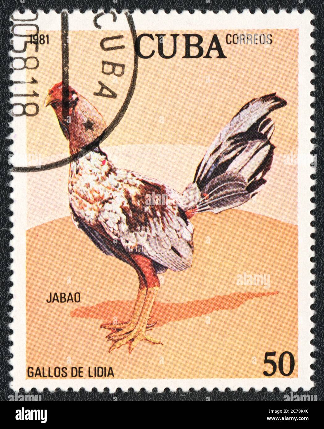 The stamp printed in CUBA shows game rooster Jabao, from series ...