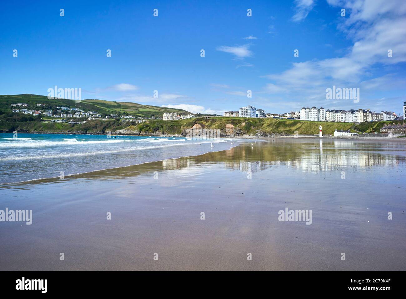 Port Erin bay and beach with reflections in the sand at low water Stock ...