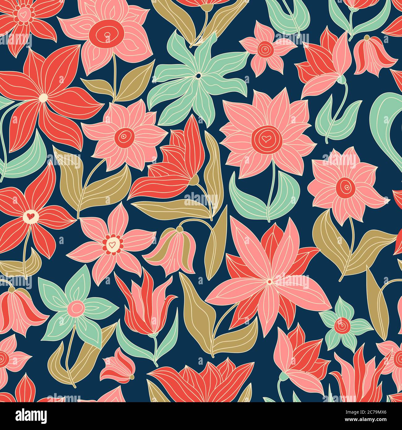 Seamless colorful floral pattern in folk style with flowers, leaves ...