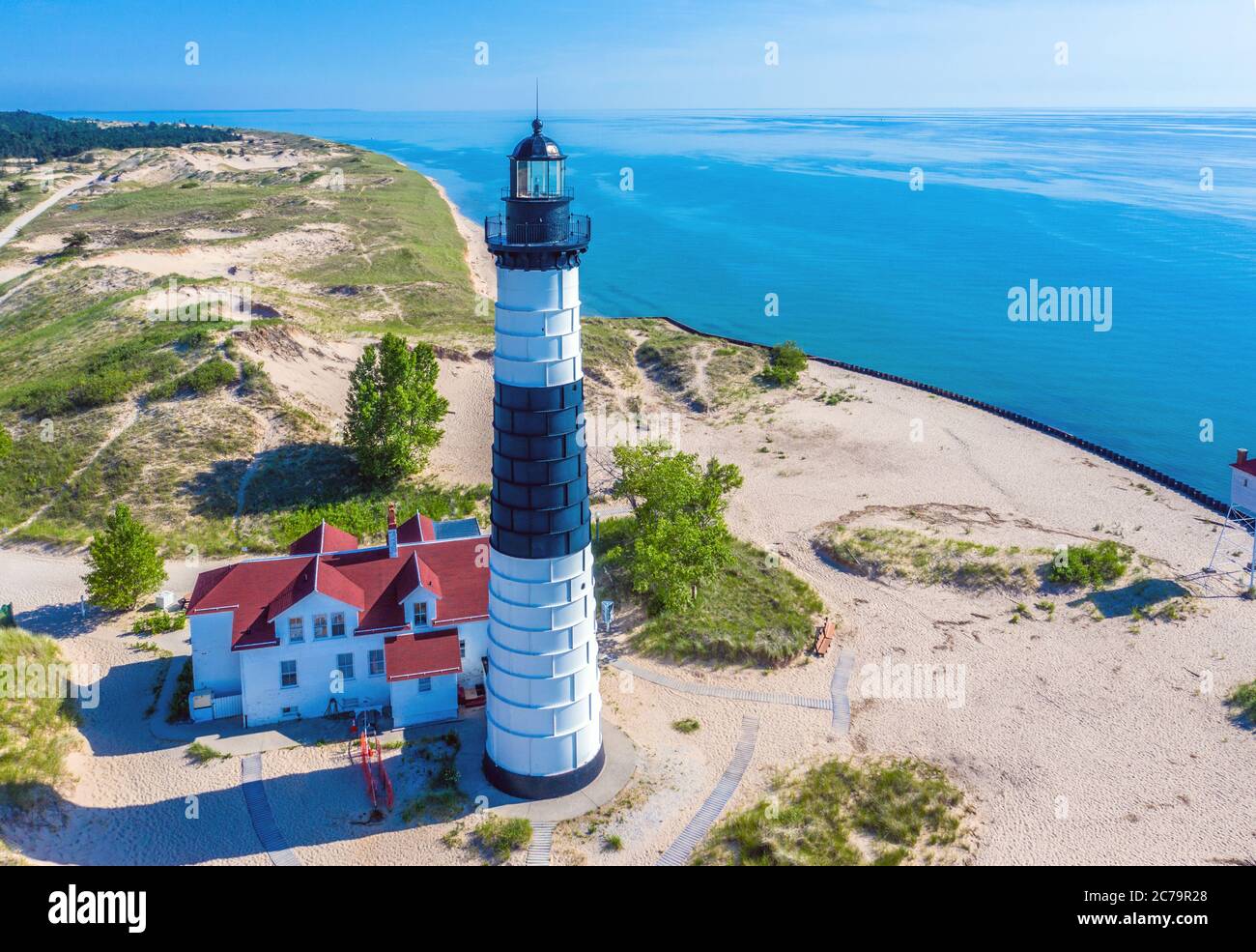 Aerial view of Big Sable Point Lighthouse near Ludington, Michigan; Ludington State Park; Lake ...