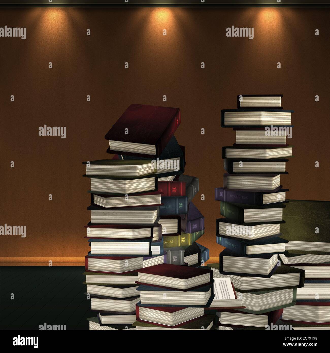 Old 3d rendered books in a stack in abstract room interior, digital ...