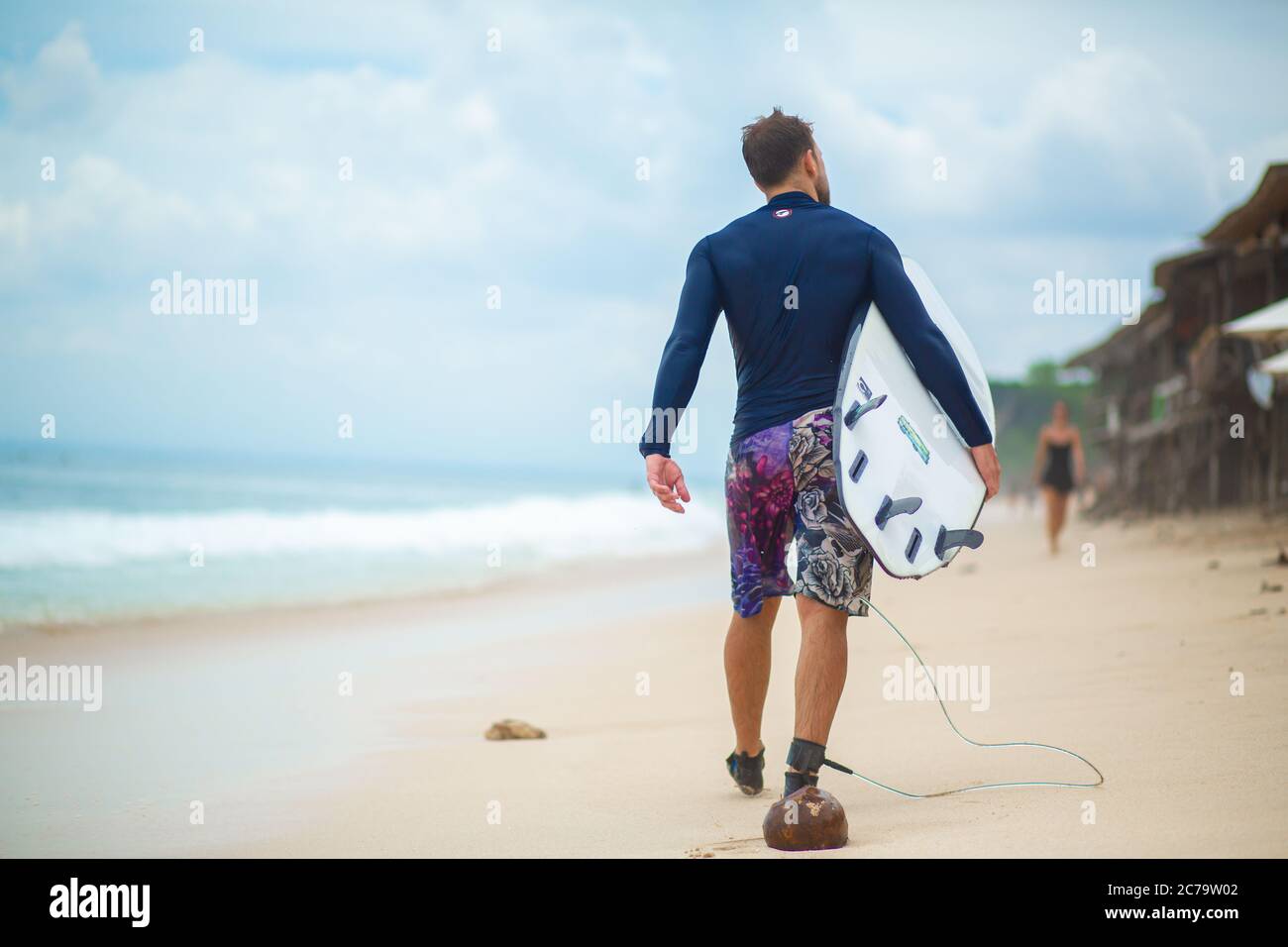 Surfer. Surfing Man With Surfboard Walking On Sandy tropical Beach ...
