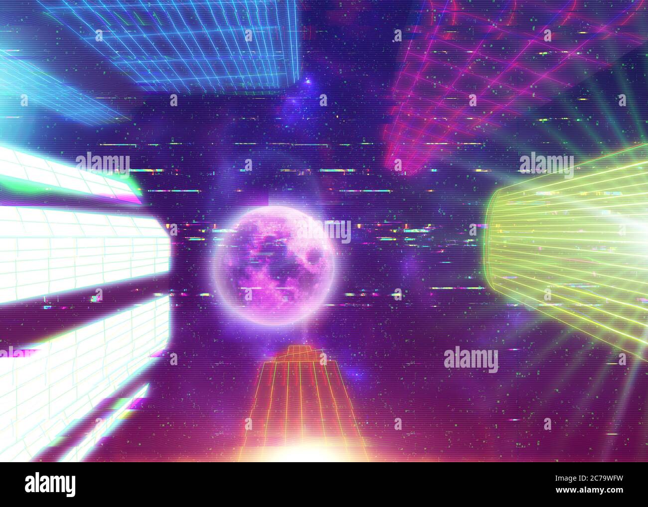 Skyscrapers with neon glowing grid and full moon, elements for this ...