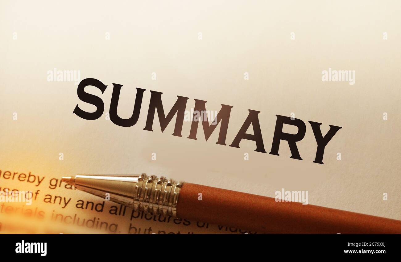 Summary word printed in page with pen. Business project and education ...