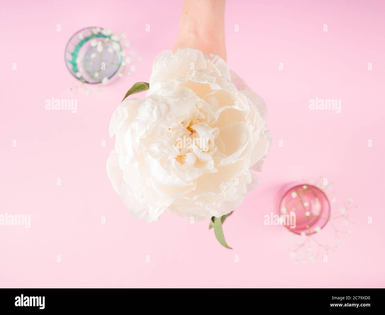 Pastel color glasses with peony in hand Stock Photo - Alamy