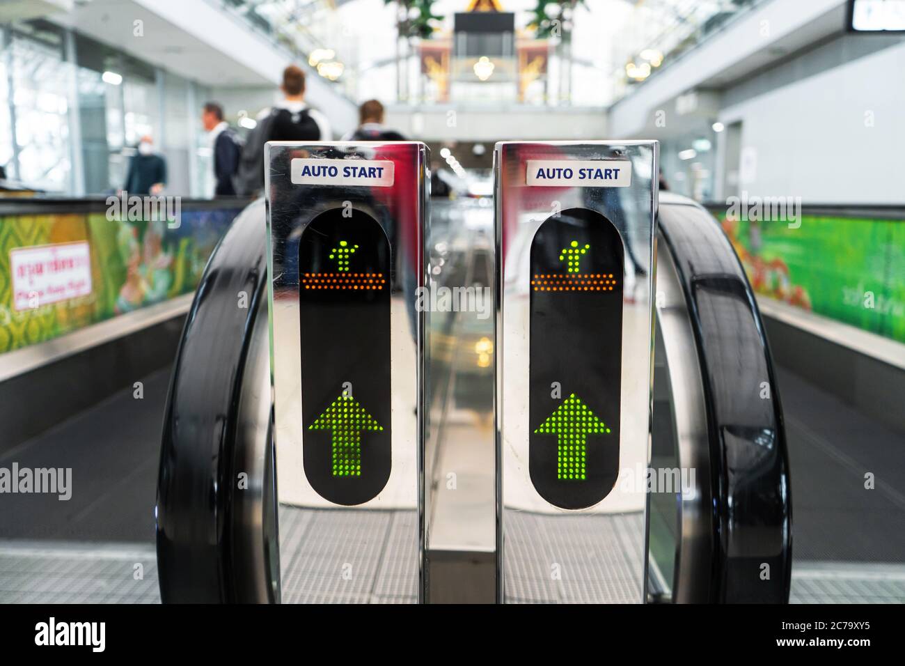 A moving walkway in modern large international airport. Travelator ...