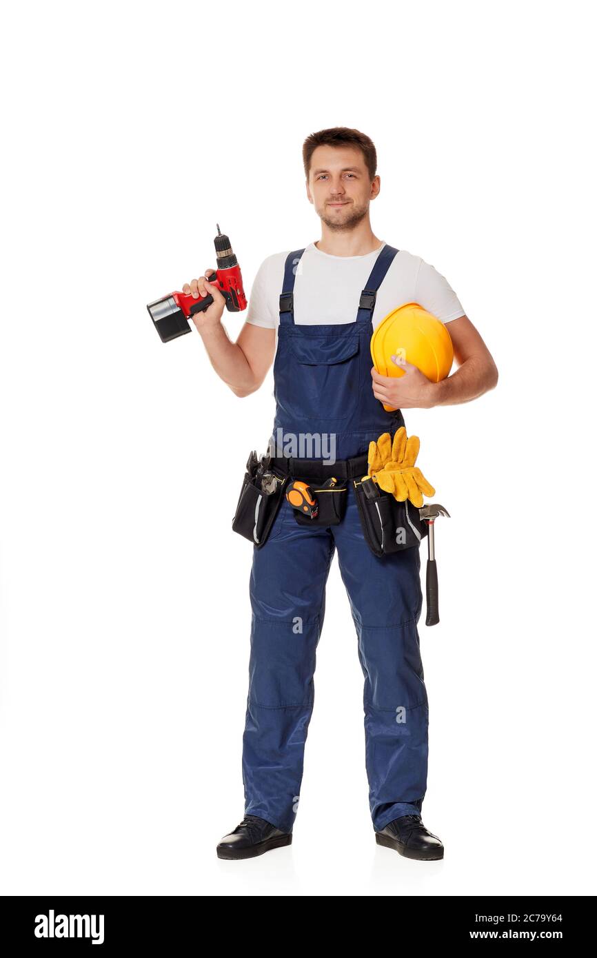 Caucasian Repairman Worker In Uniform Holding Yellow Hard Hat And