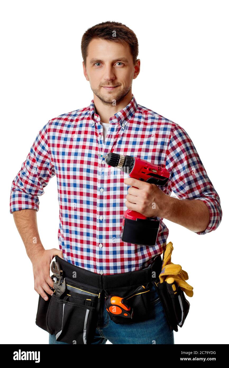 caucasian repairman worker holding cordless screwdriver. handyman ...