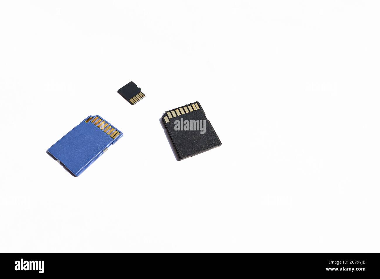 blue and black memory sd flash cards isolated on a white color. A micro ...