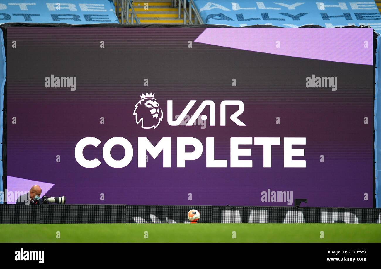 The giant screen reads VAR check complete during the Premier League ...