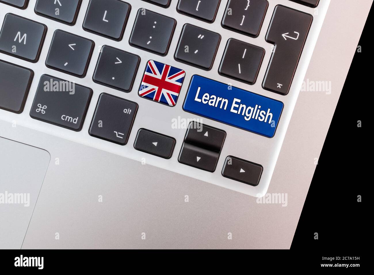Learn English Concept. Closeup of keyboard with British flag and text ...
