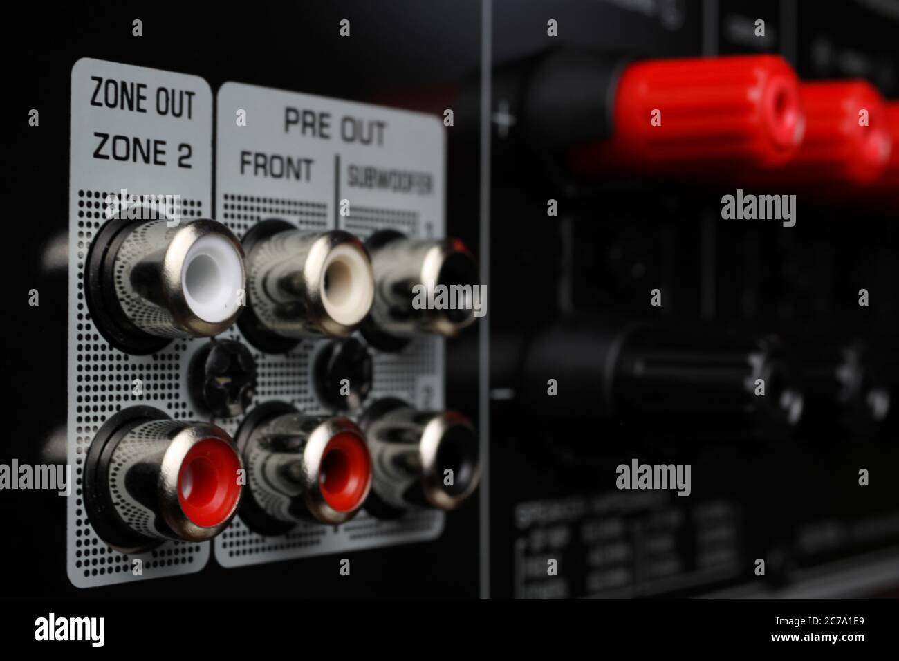 View on isolated cinch sockets of back side of black dolby surround ...