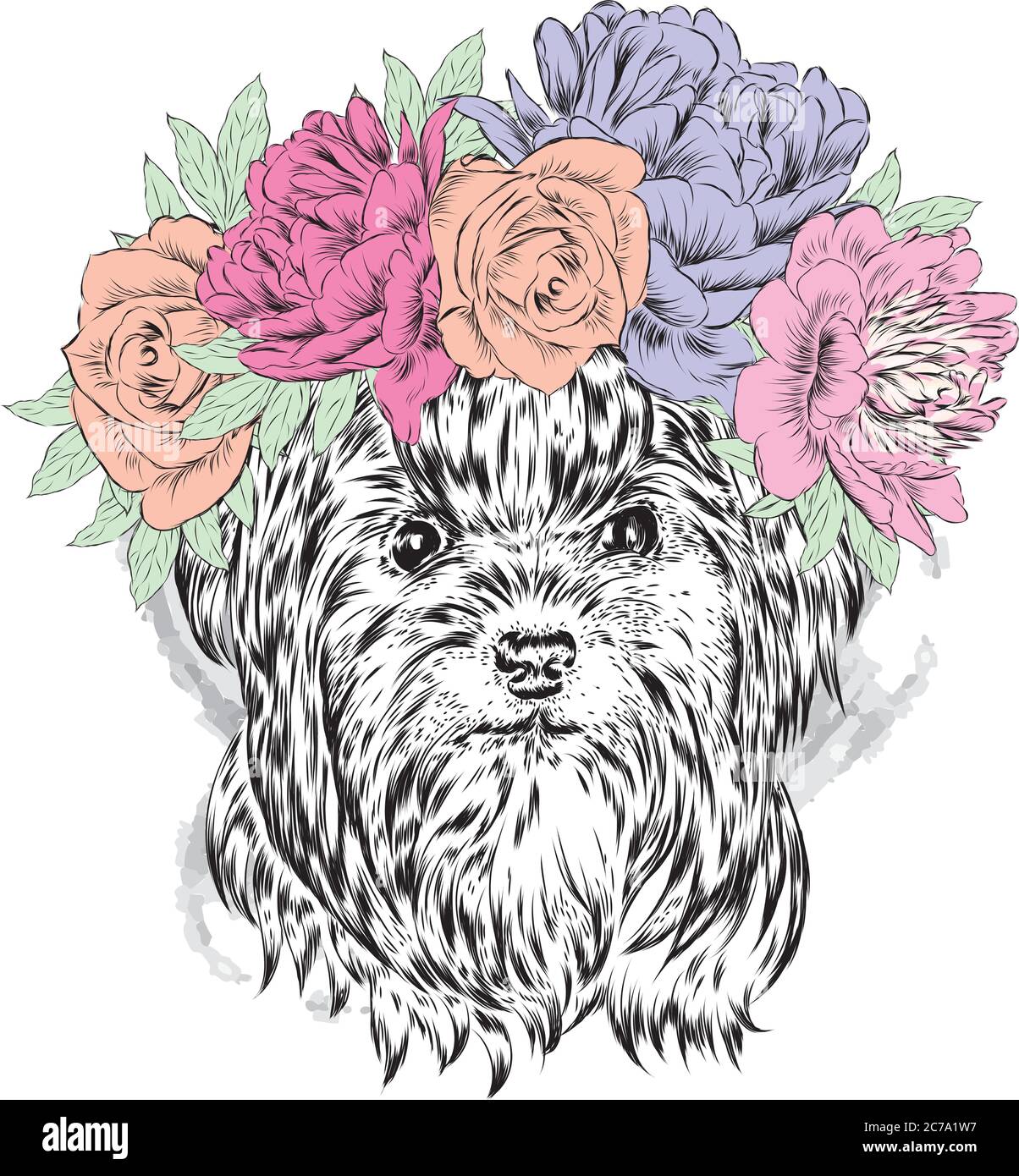 Funny dog in flower wreath. The wreath of roses and peonies. Vector ...