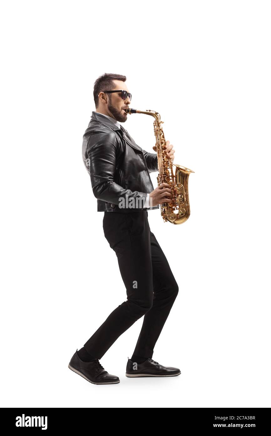 Full length profile shot of man playing a saxophone musical instrument ...