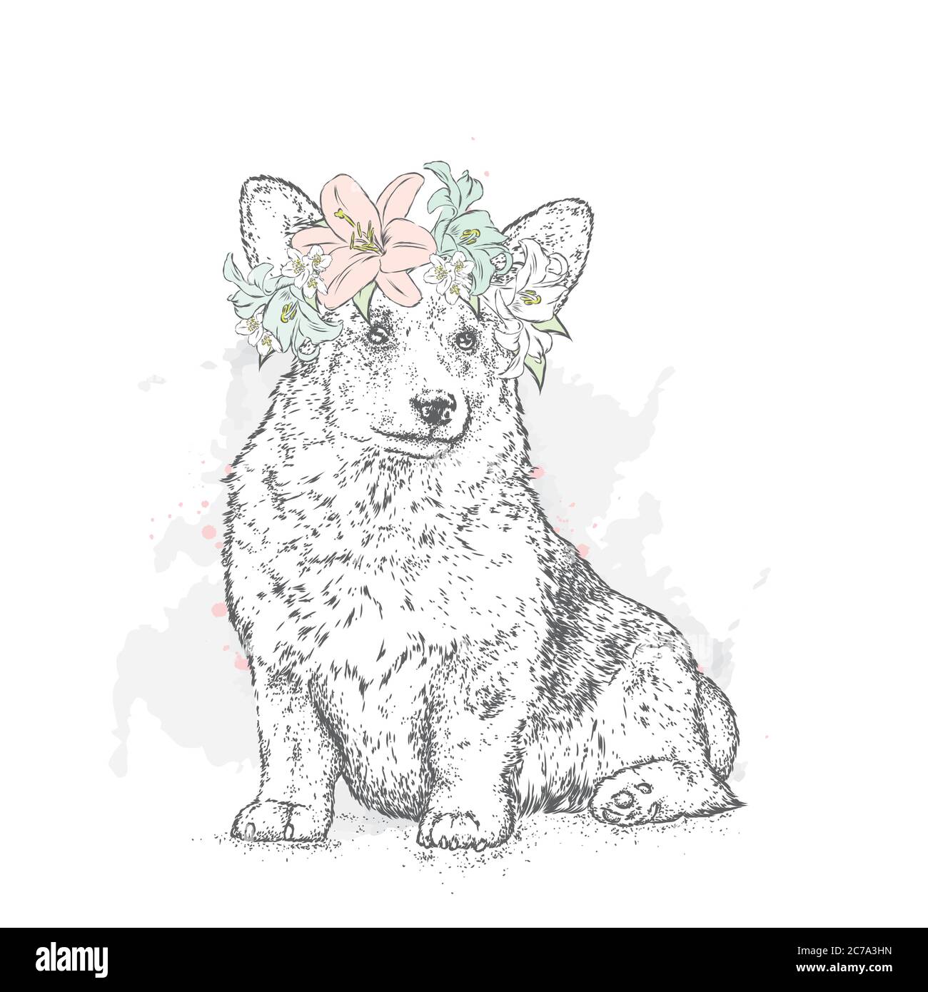Funny dog in flower wreath. The wreath of roses and peonies. Vector ...