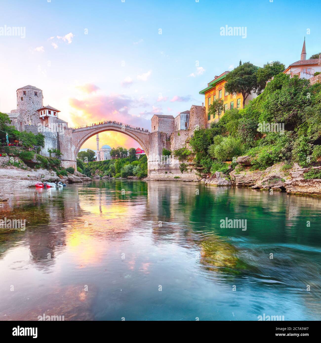 Fantastic Skyline of Mostar with the Mostar Bridge, houses and minarets ...
