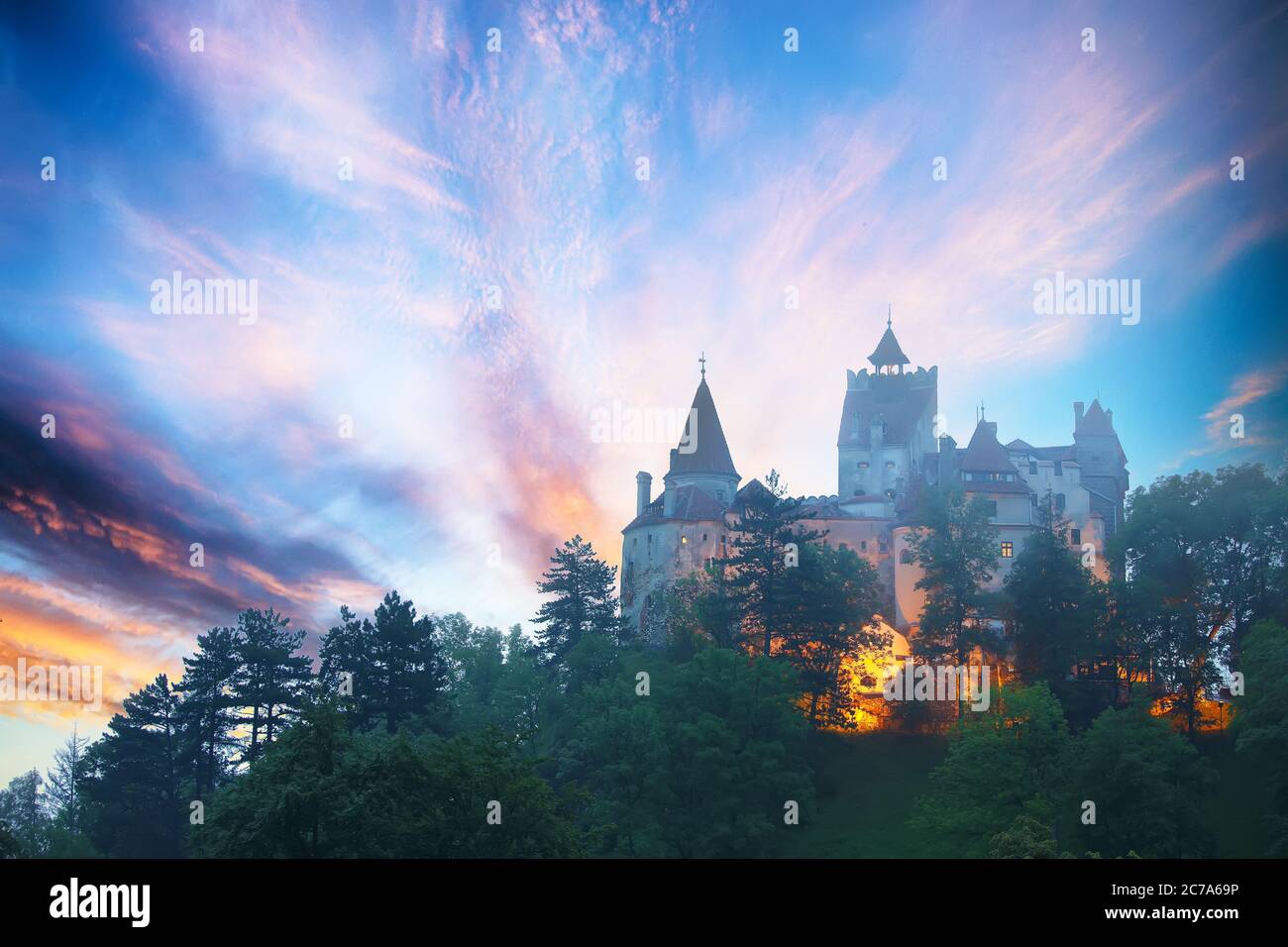 Landscape with medieval Bran castle known for the myth of Dracula at ...
