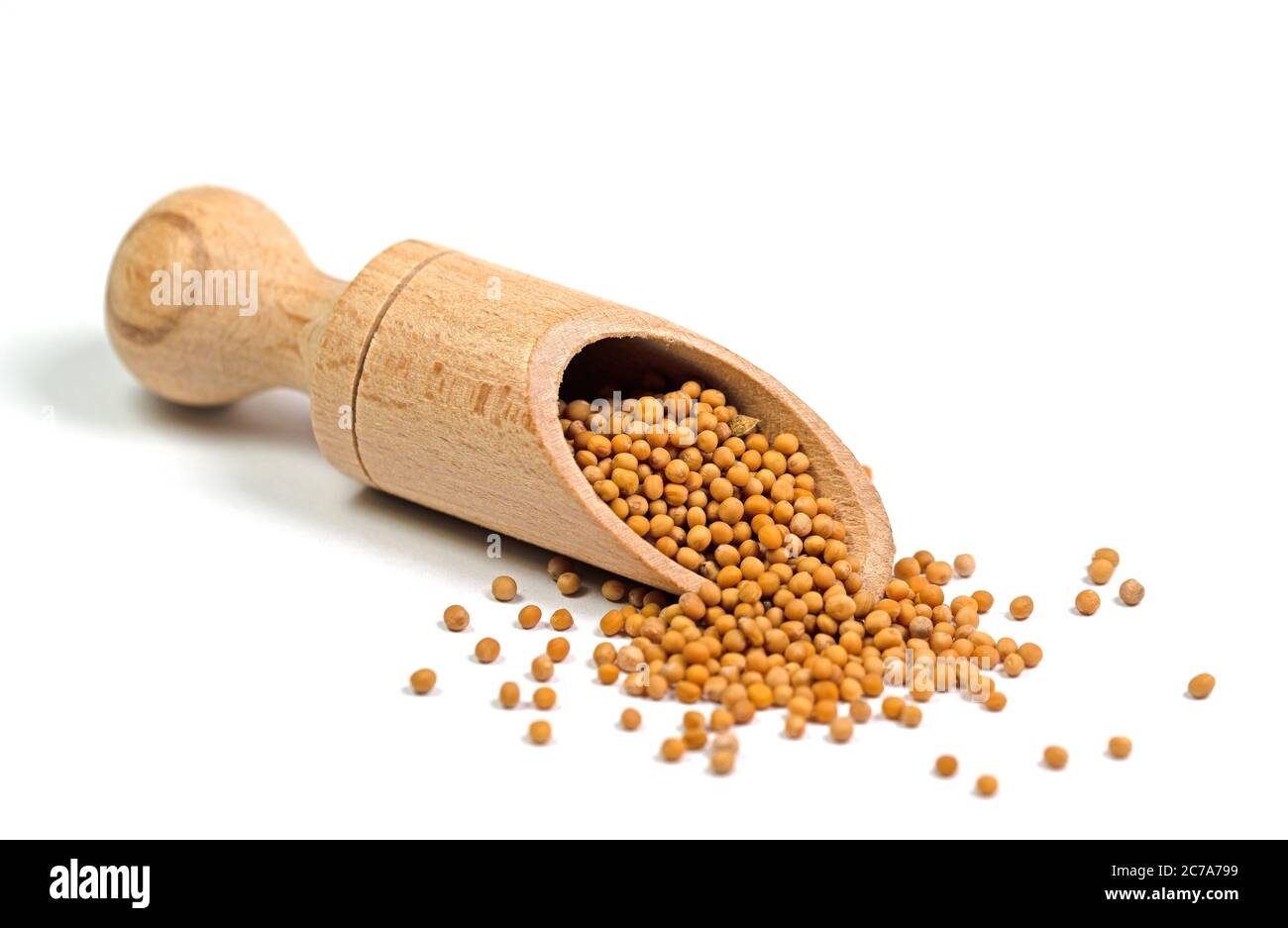 Mustard seeds and spice scoop isolated against a white background Stock ...