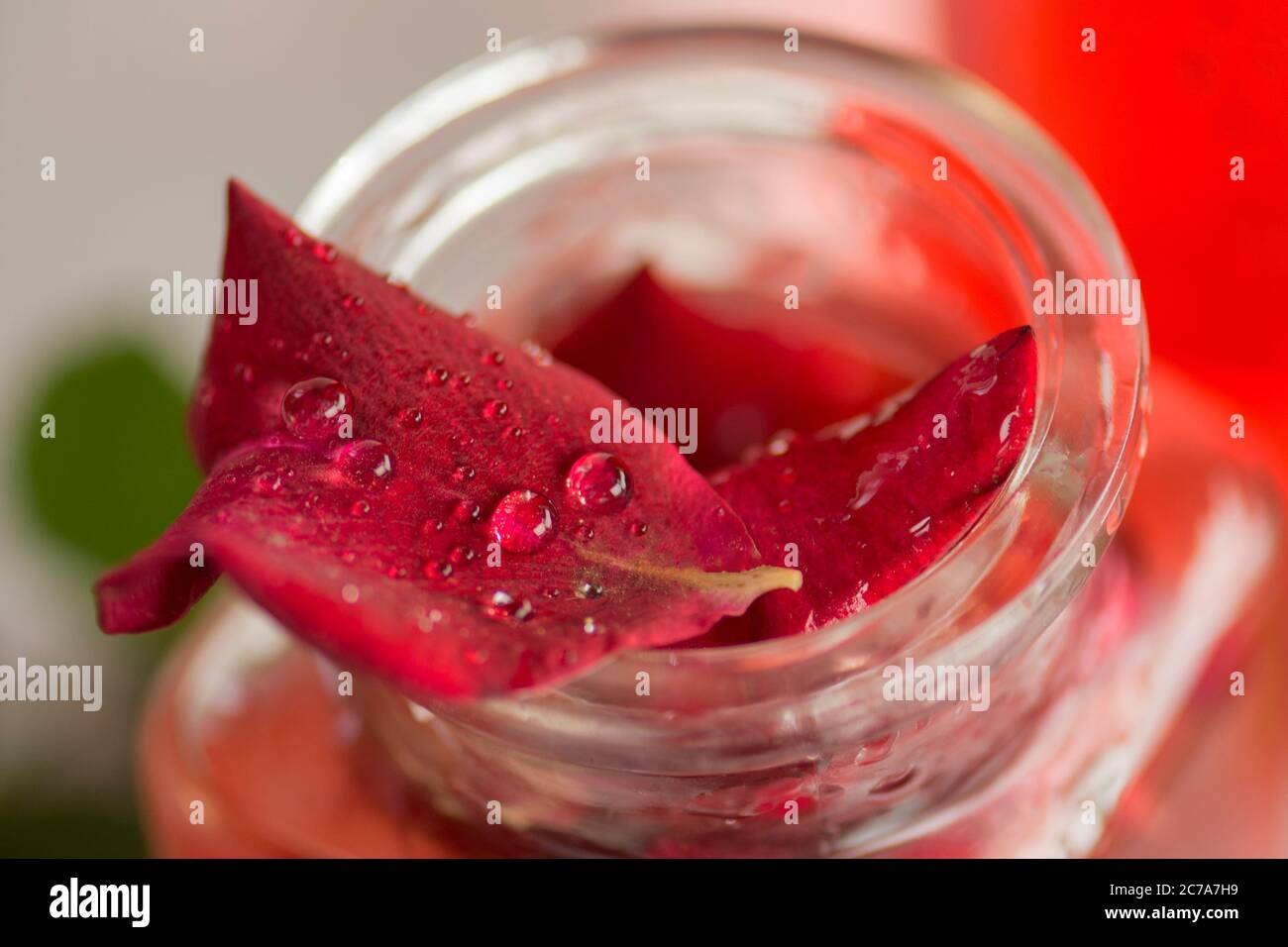 Perfumed rose water. Spa set with rose petals oil. Pink rose flower and ...