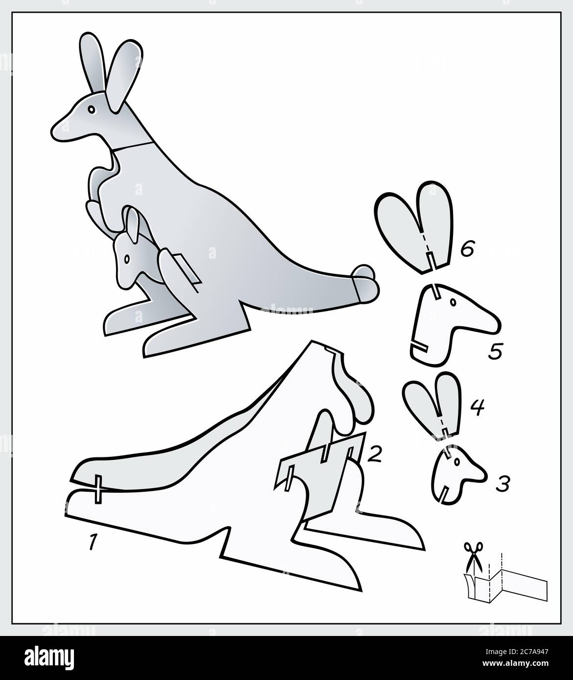 Kangaroo from pieces of paper. Complex form with blueprint template ...