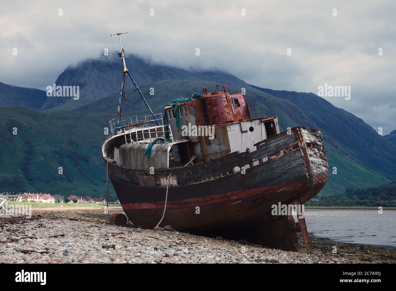 An old ship washed ashore on Loch Linnhe at Fort William on the ...