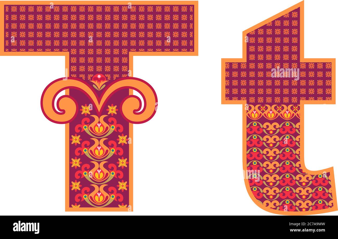 Vector abstract letter T with ornamental pattern. Cartoon signs Stock ...