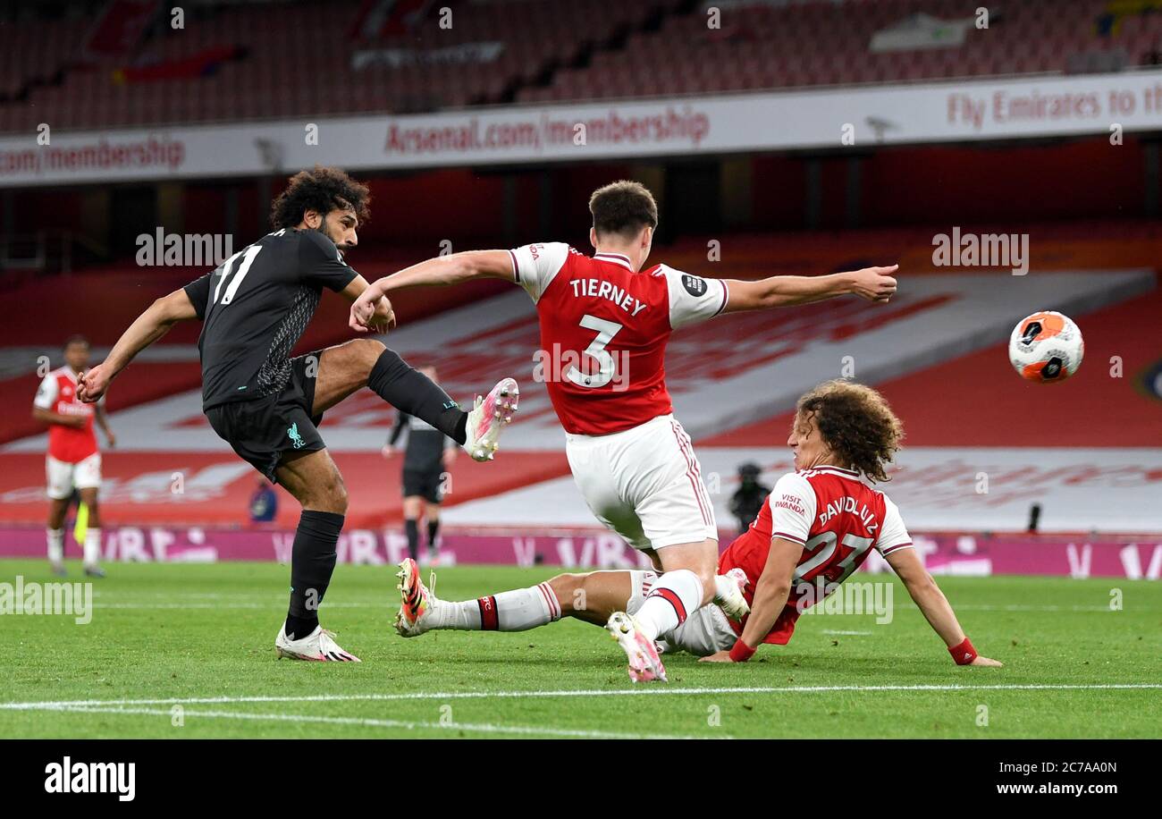 Liverpool's Mohamed Salah has a shot at goal during the Premier League ...