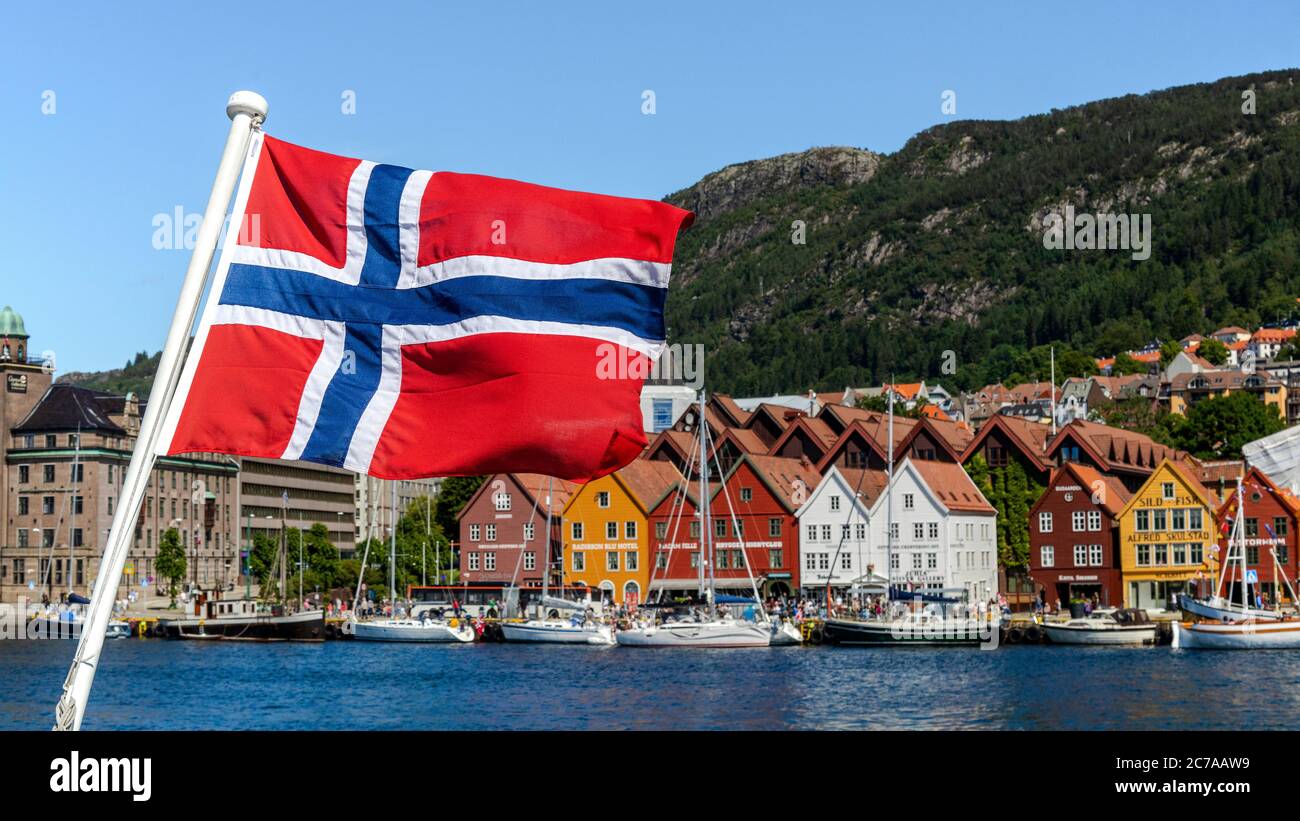 The inner port of Bergen, Norway. Vaagen, Bryggen with many visiting ...