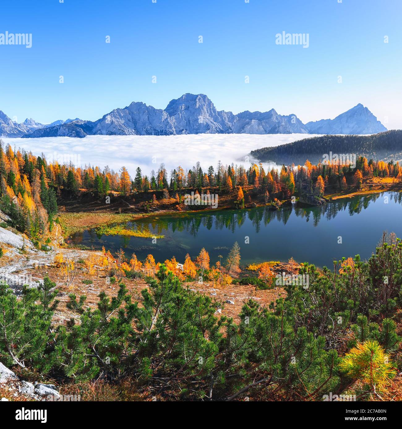 Wonderfull autumn view with colour sky, majestic rocky mount and ...