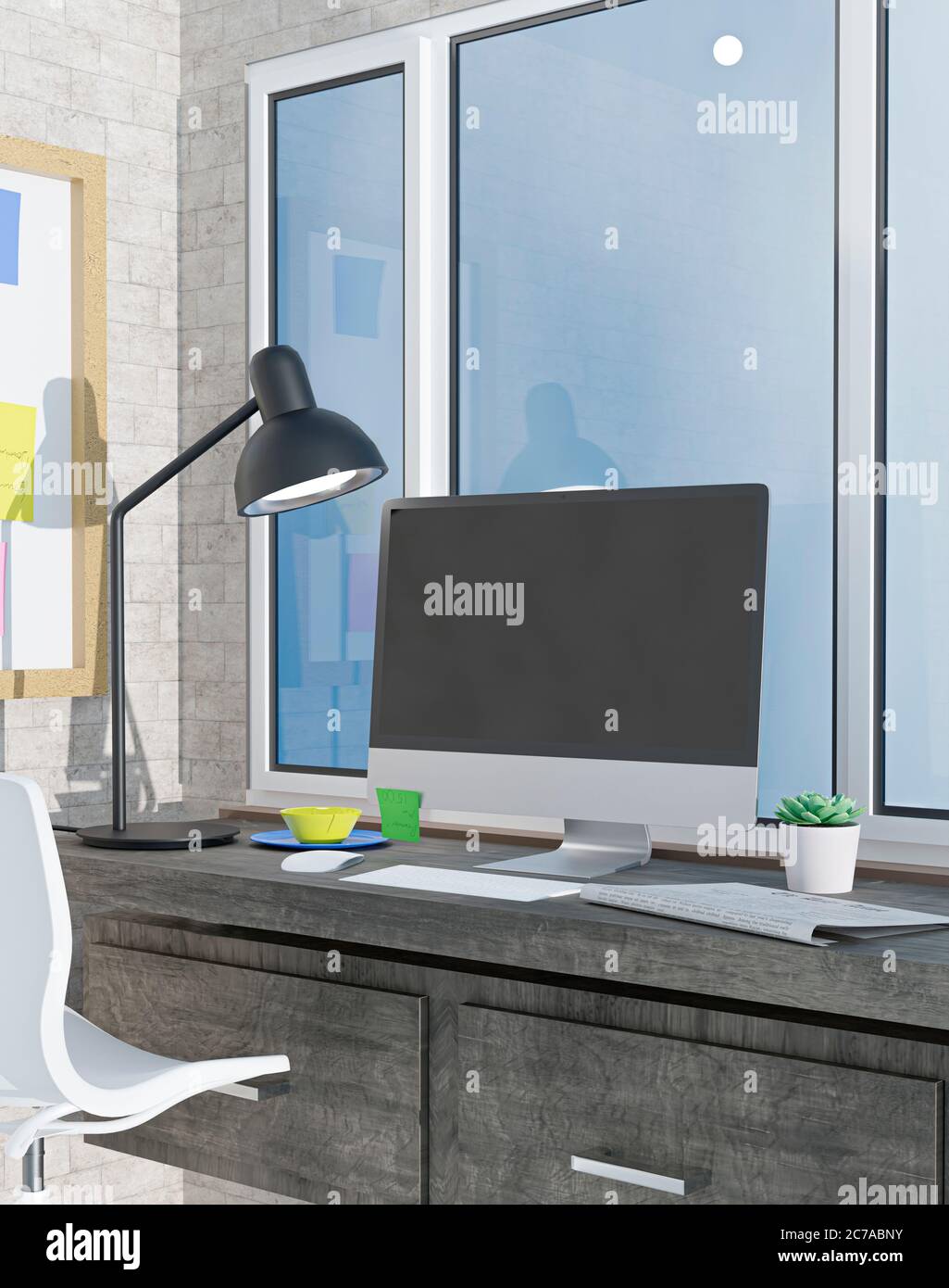 Desktop computer on the table of the office mockup 3d rendering. 3d ...