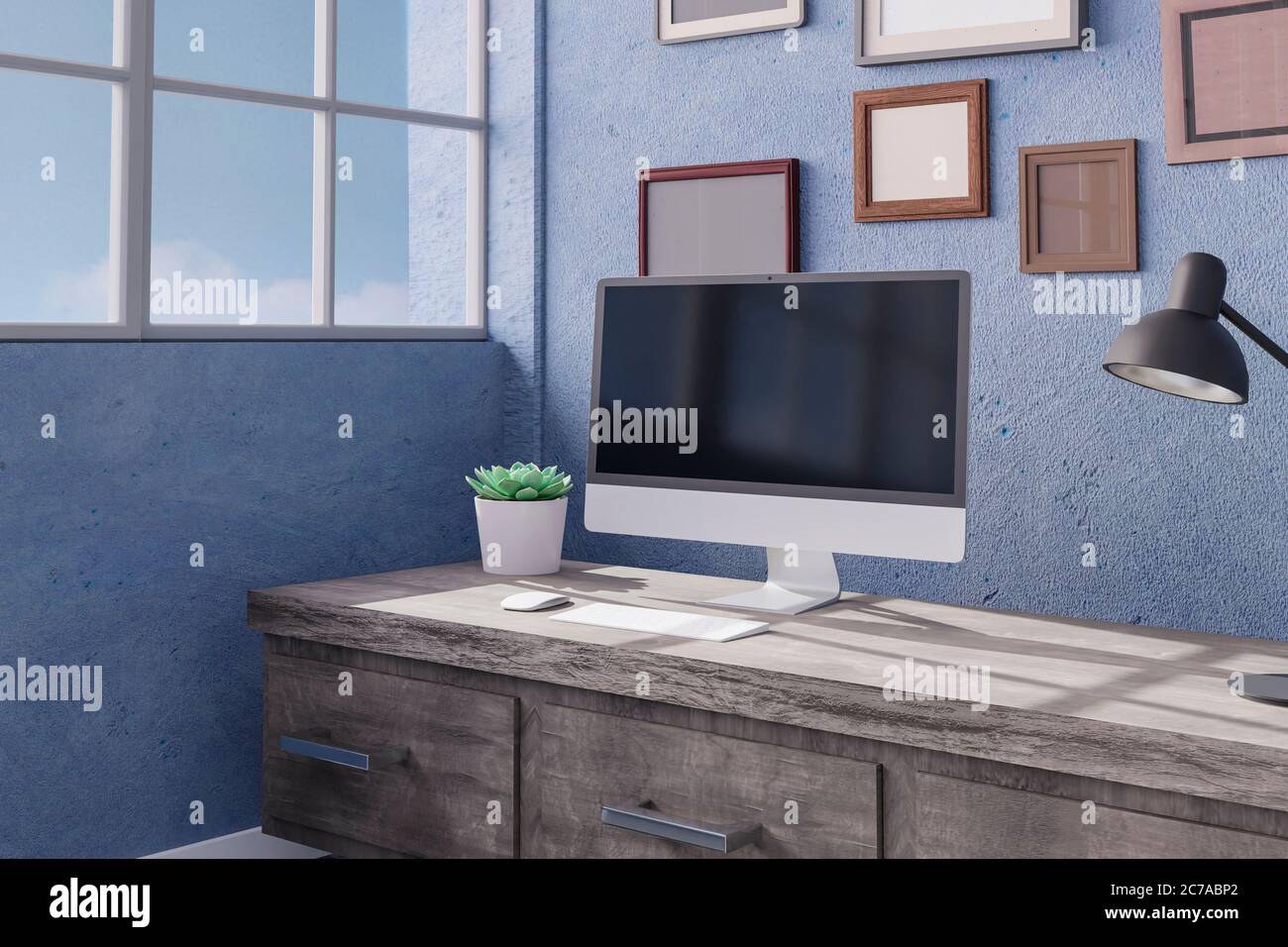 Desktop computer on the table of the office mockup 3d rendering. 3d ...