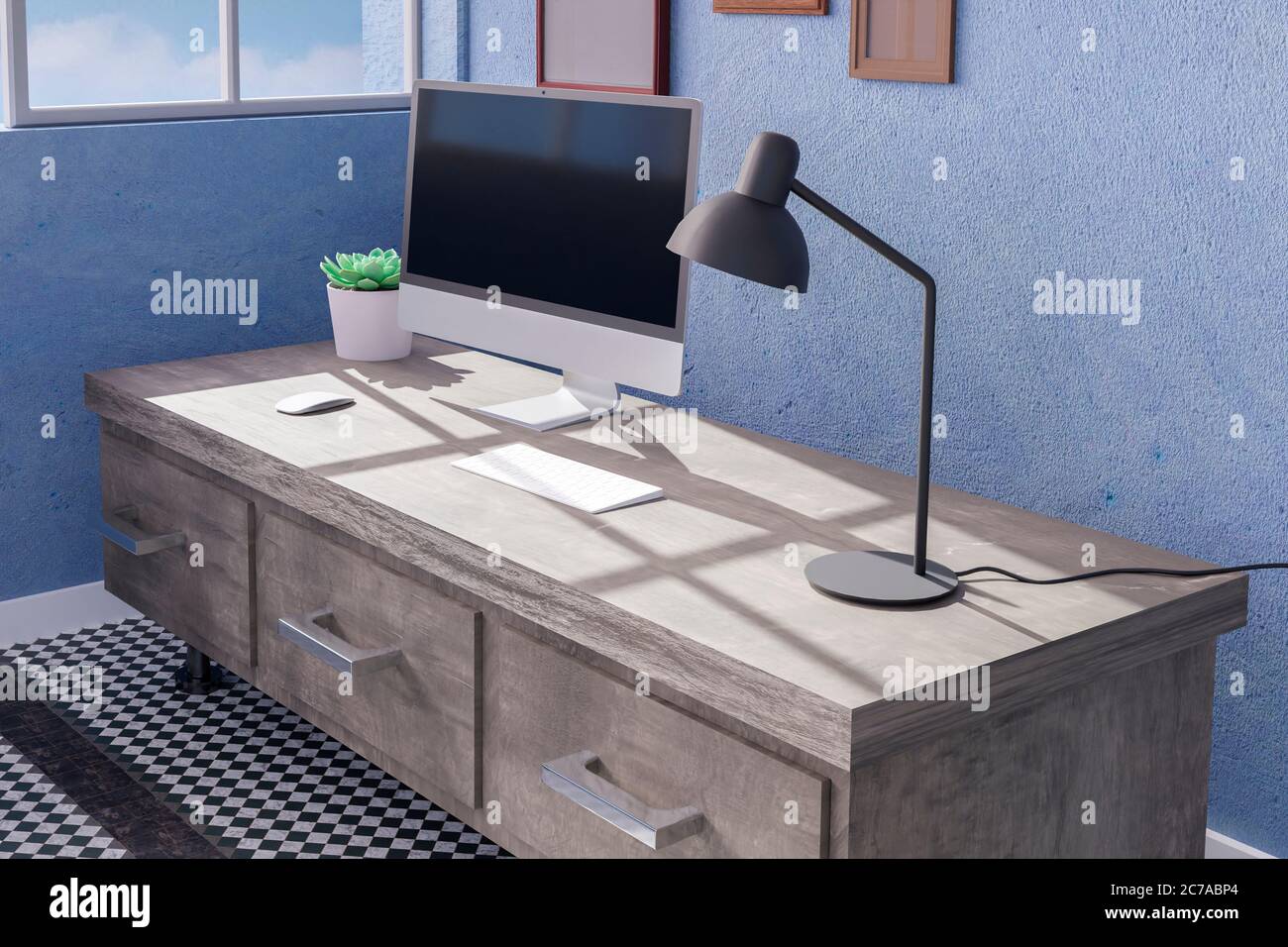 Desktop computer on the table of the office mockup 3d rendering. 3d ...