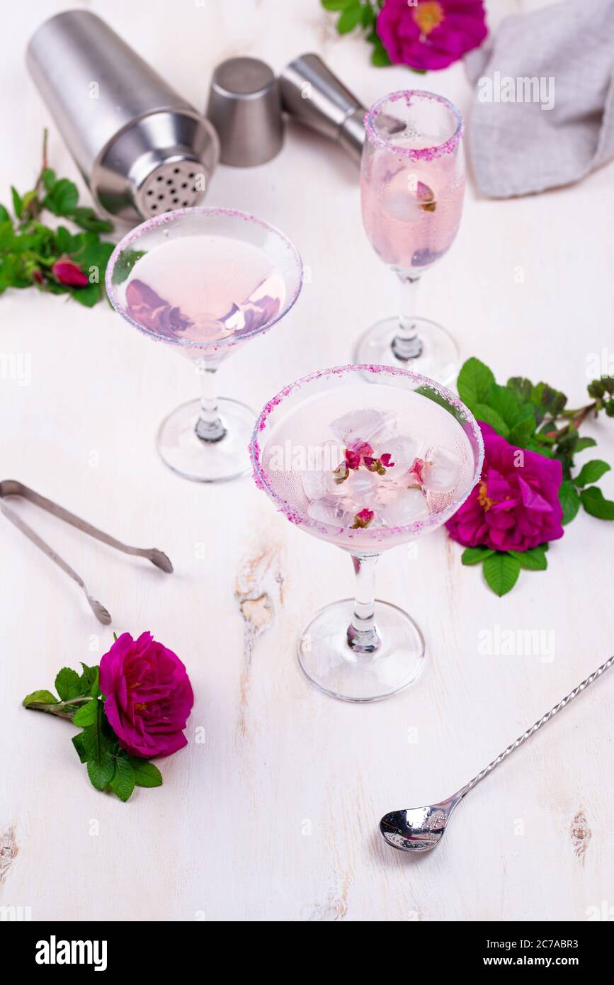Assortment of pink cocktails with rose syrup Stock Photo - Alamy