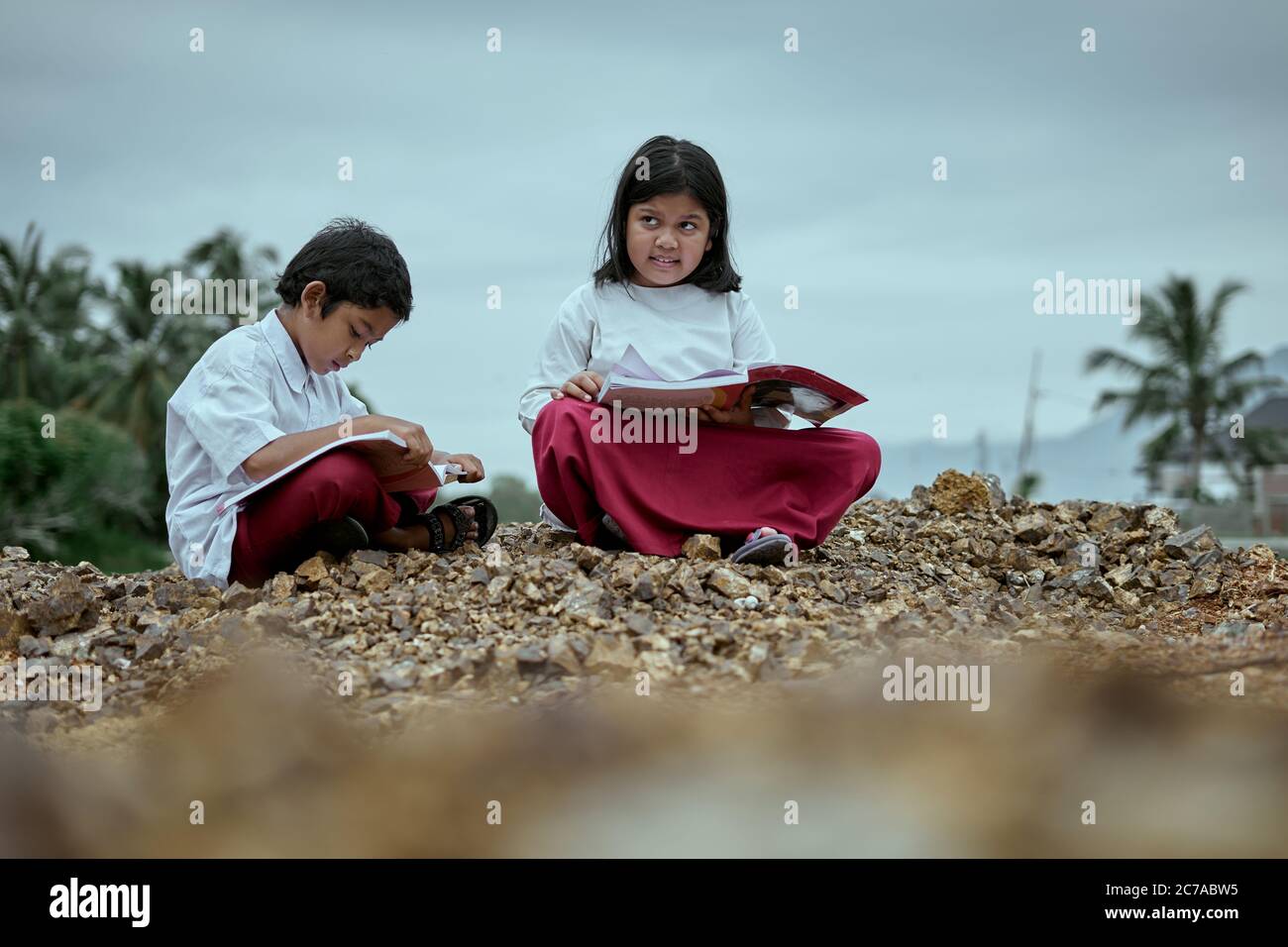 Two elementary school students studying together at public park Stock ...
