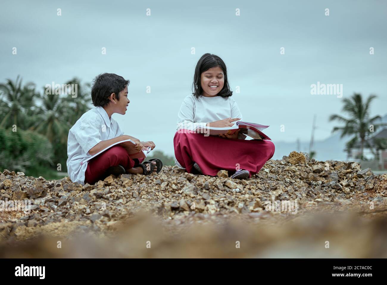 Two elementary school students studying together at public park Stock ...
