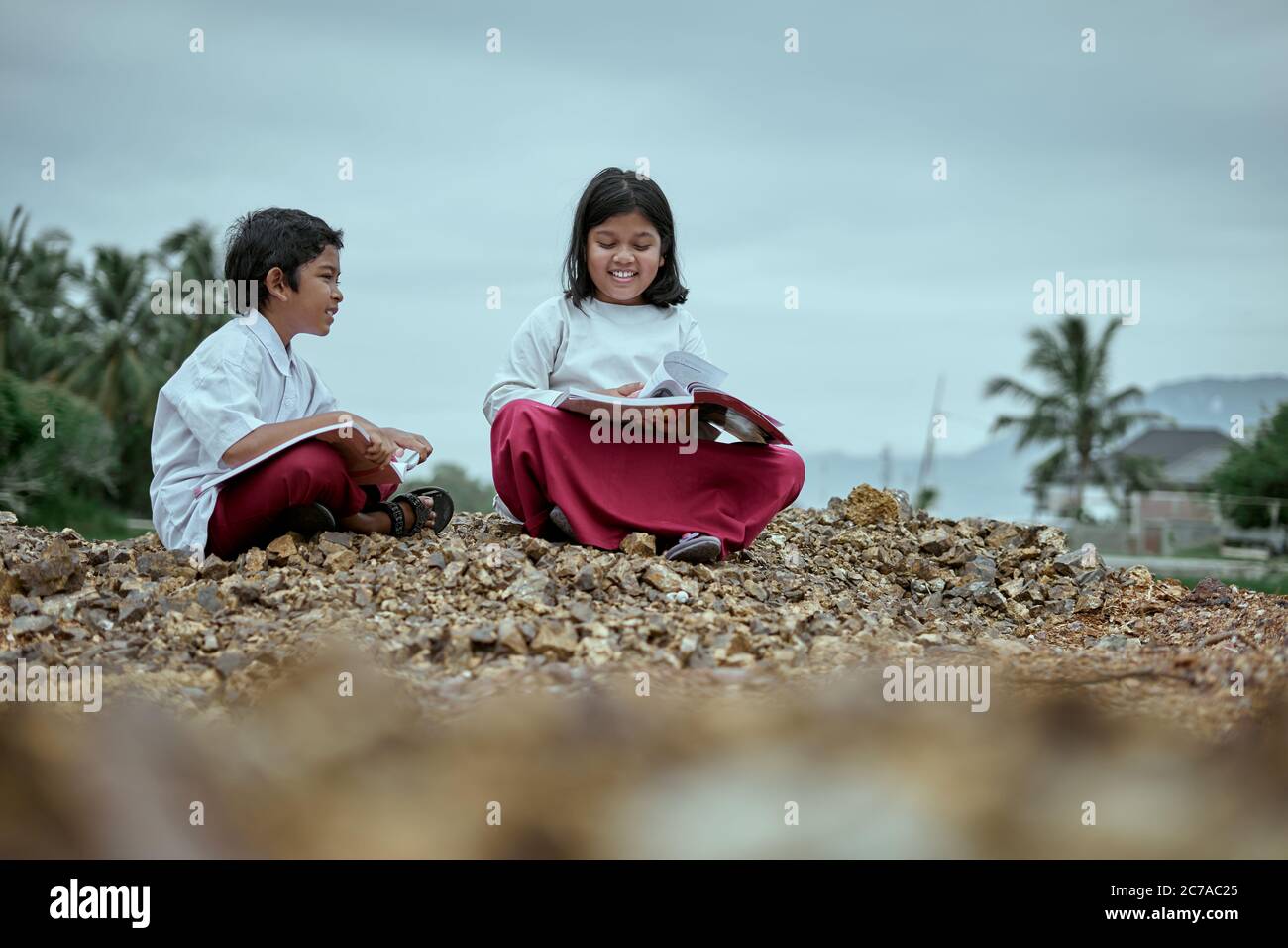 Two elementary school students studying together at public park Stock ...