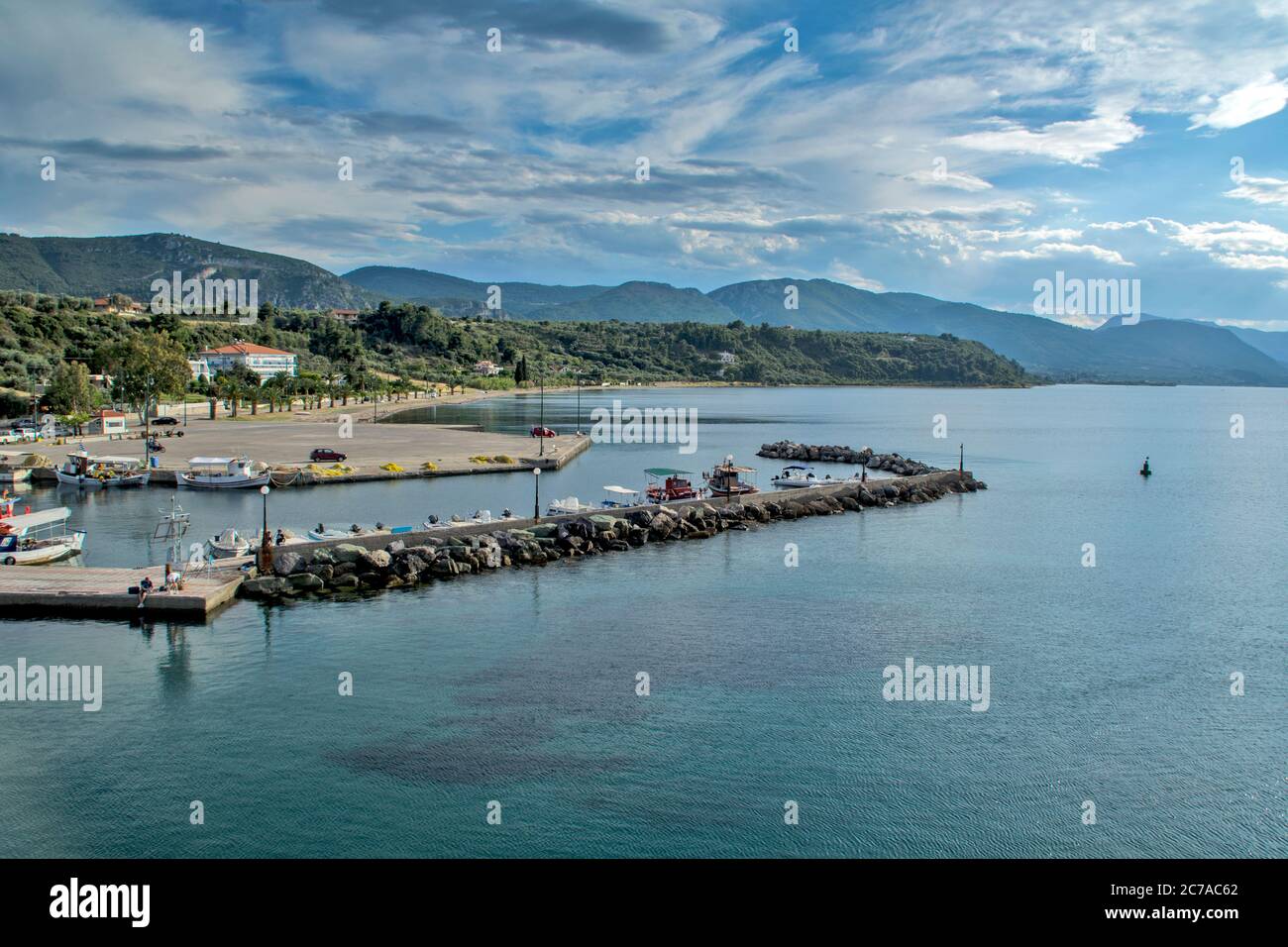 Arkitsa, Greece, Jun 04, 2016. View of the coast and port from a ship ...