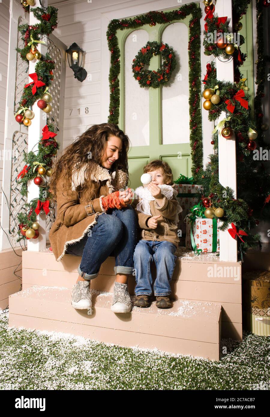 happy smiling family on Christmas at house with gifts, young mother and ...