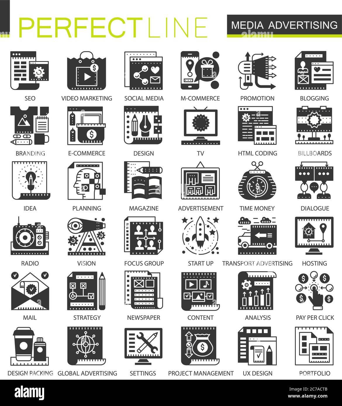 Media advertising black mini concept icons and infographic symbols ...