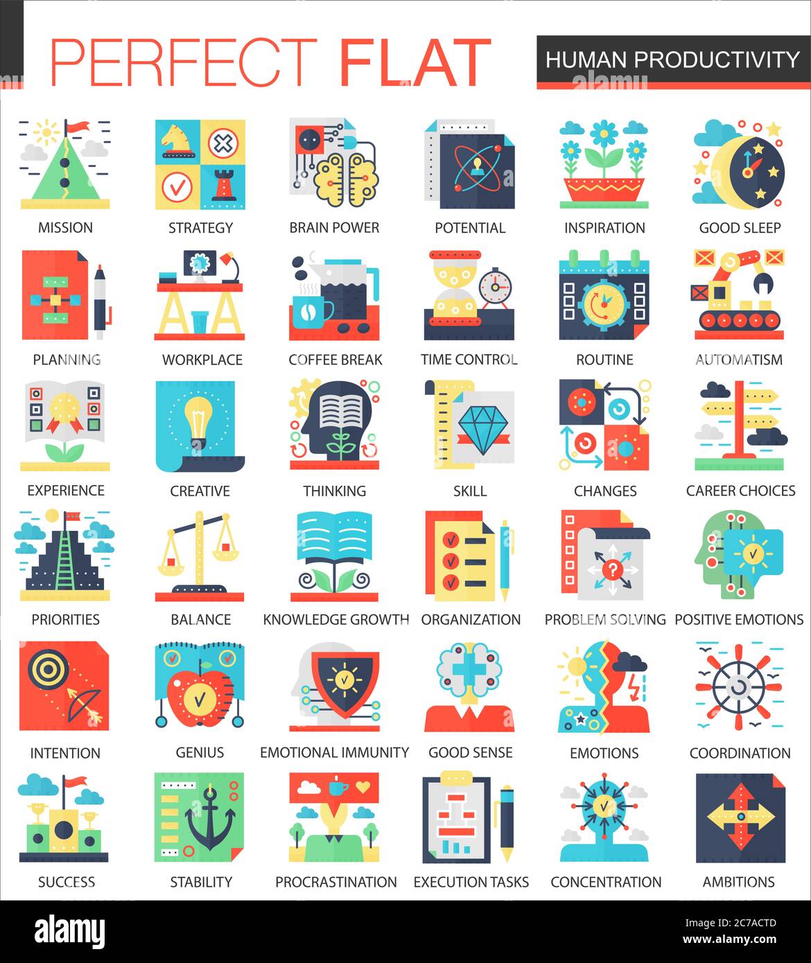 Human productivity vector complex flat icon concept symbols for web infographic design Stock ...