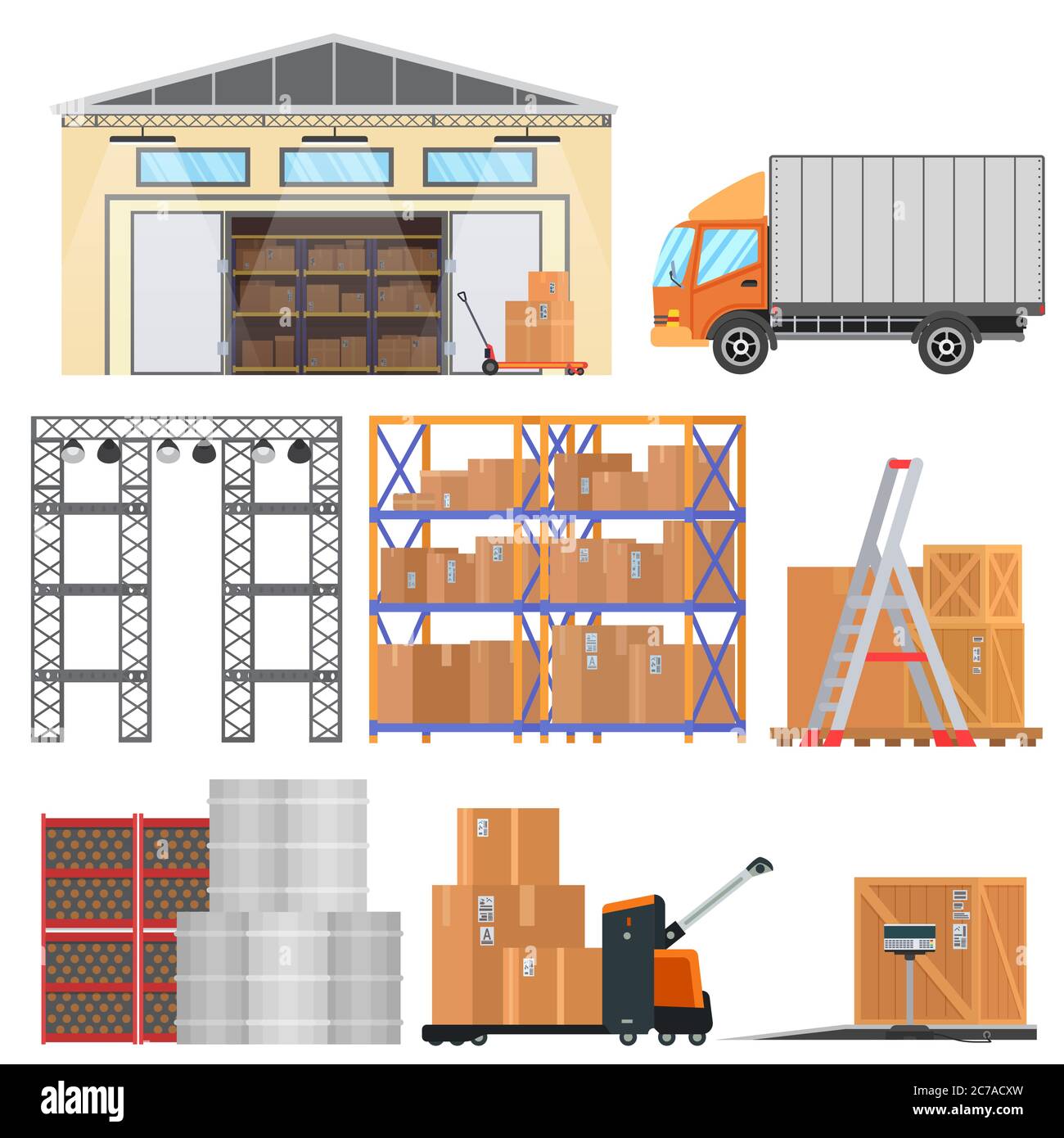 Warehouse and logistic flat vector equipment icons. Delivery truck ...