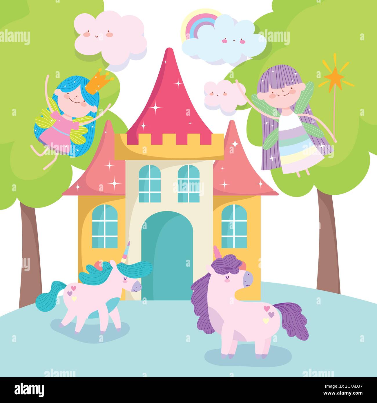 little fairies princess with magic unicorns castle tale cartoon vector ...