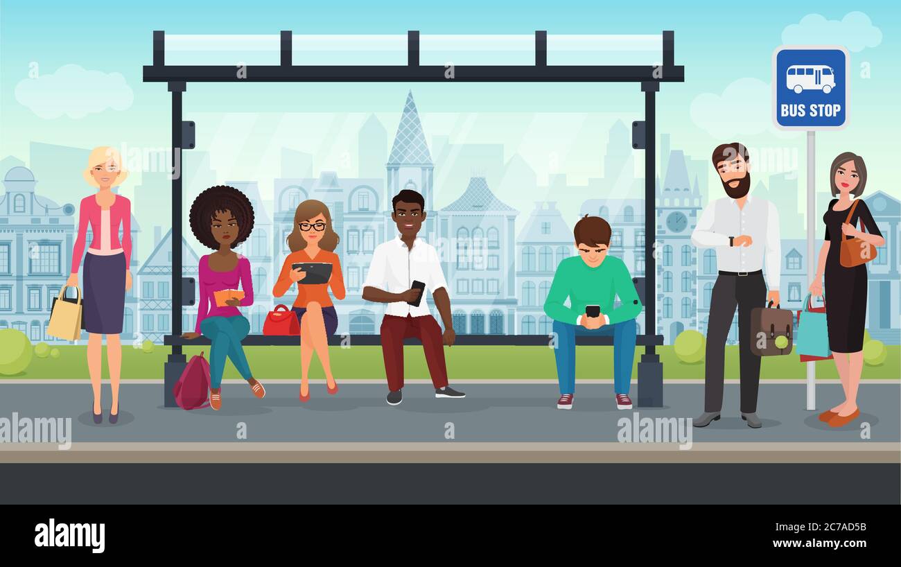 People were sitting at the modern bus stop. Vector illustration Stock ...