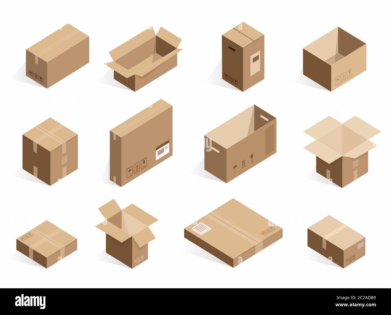 Isometric realistic cardboard delivery boxes. Opened, closed logistic ...