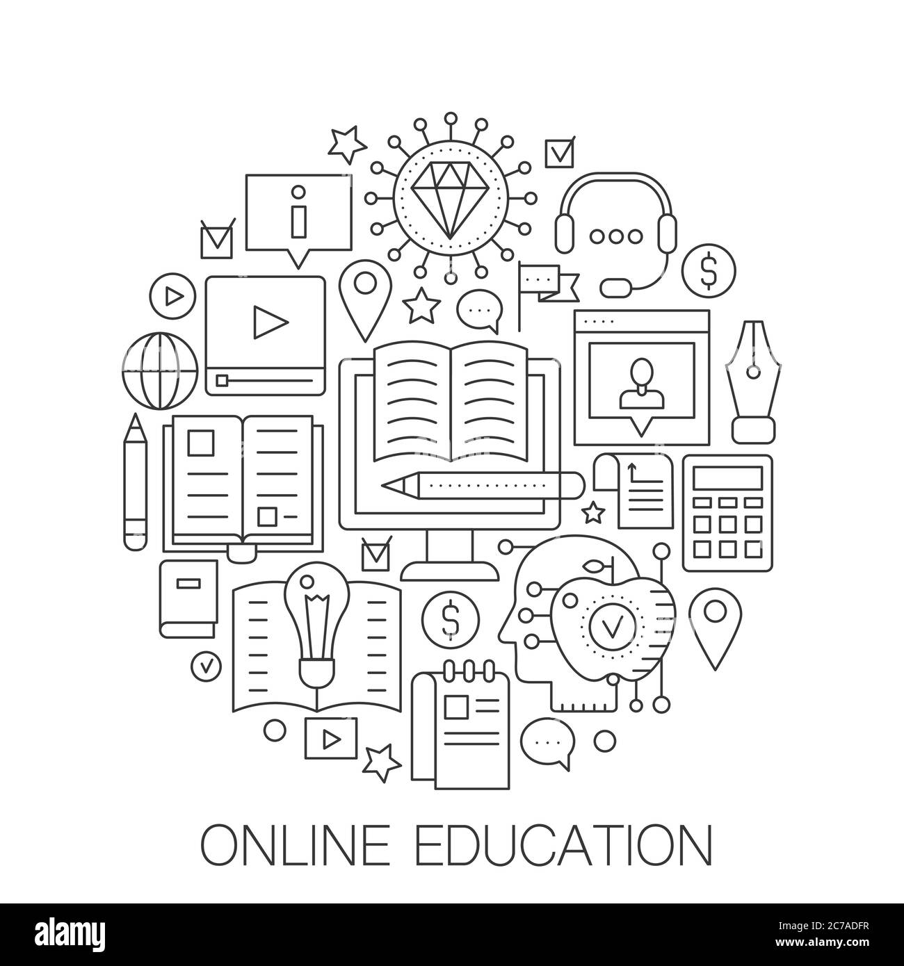 Online education in circle - concept line illustration for cover ...