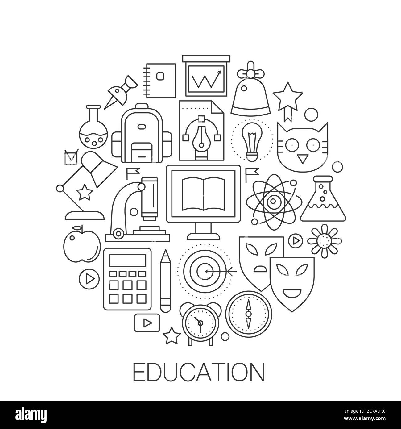 School in circle - concept line illustration for cover, emblem, badge ...