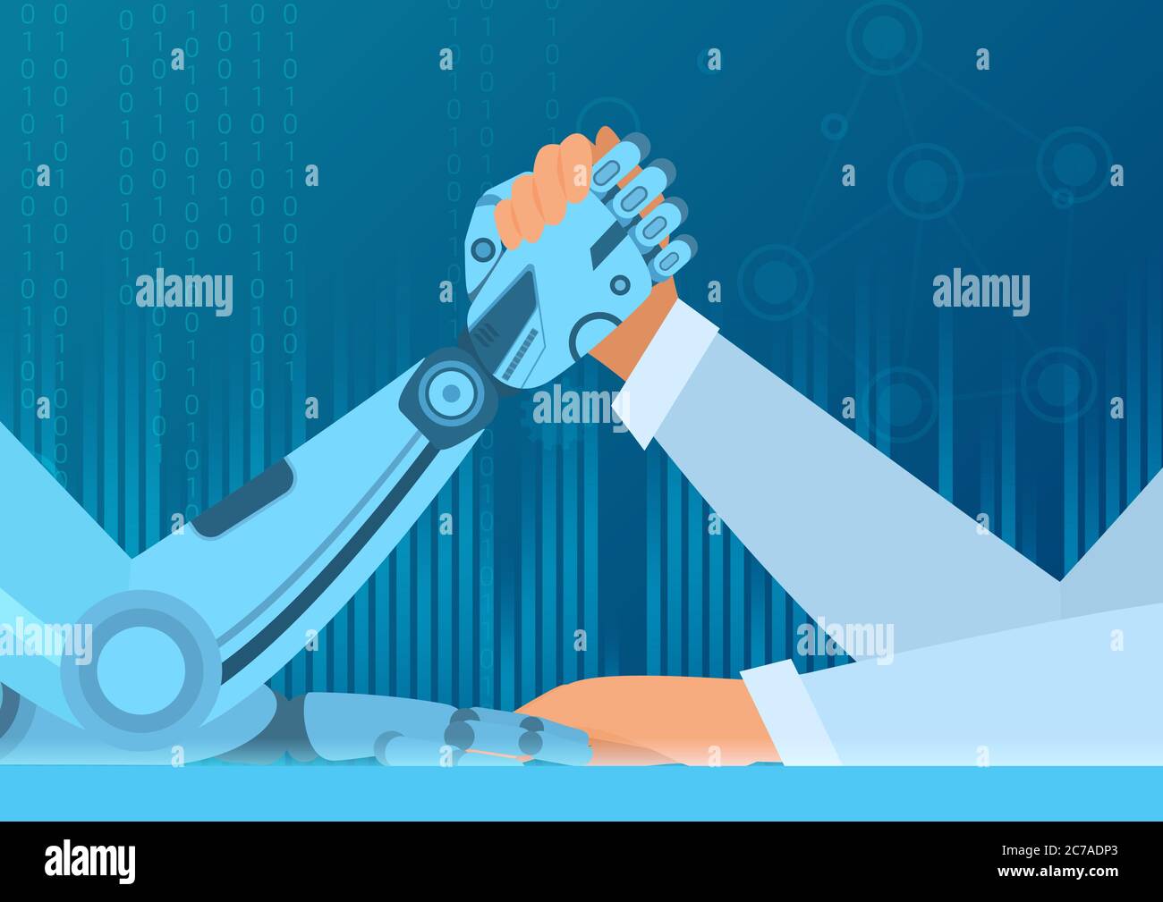 Human arm wrestling with robot. The struggle of man vs robot ...