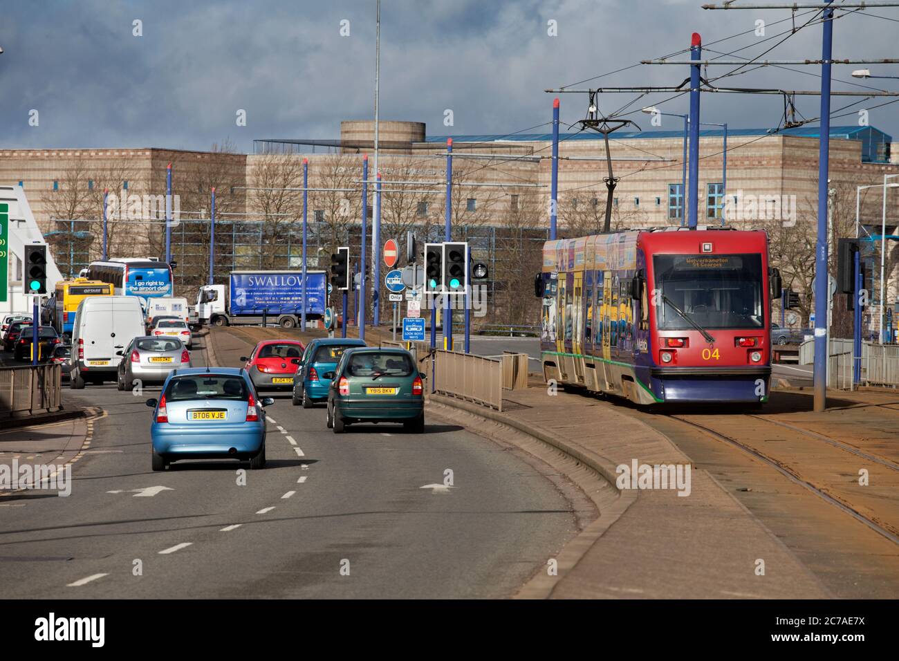 Midland Metro Ansaldo T69 tram 04 at The Royal, Wolverhampton passing ...