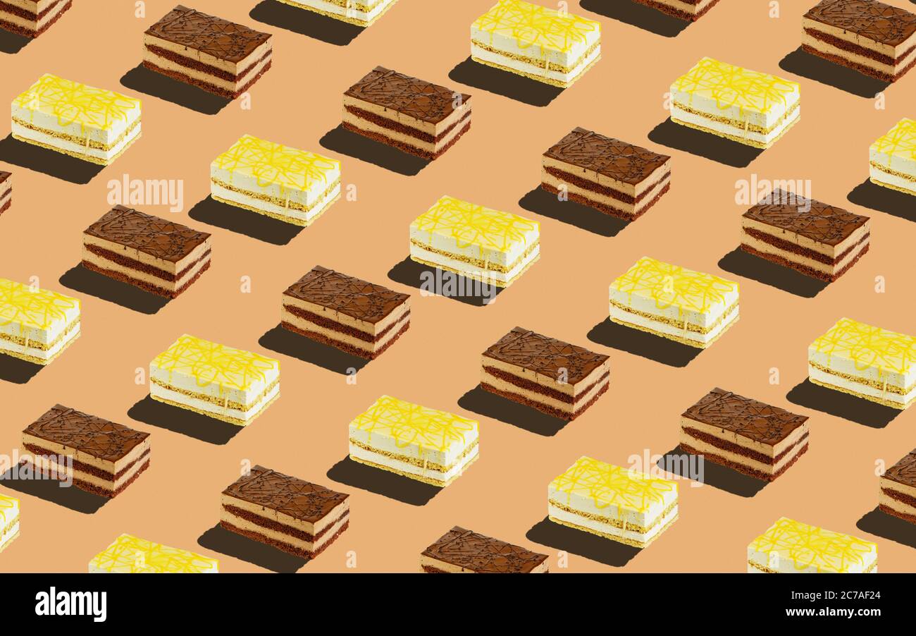 Trendy seamless food pattern - layered sponge cakes on a pastel ...